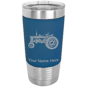 LaserGram 20oz Vacuum Insulated Tumbler Mug, Old Farm Tractor, Personalized Engraving Included (Faux Leather, Blue)