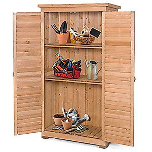 Safstar Outdoor Storage Shed, Wooden Tool Storage Shed w/ Detachable Shelves & Pitch Roof & Shutter Vents, Garden Storage Cabinet for Backyard Patio Deck Porch, 34.5”L x 18.5”W x 63”H, Natural