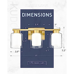 kudos LED Light Fixtures, 12 Inch Gold Flush Mount Ceiling Light Fixture and Brushed Gold Vanity Lights for Mirror, KDCL06-GD, KDVL04-GD-3