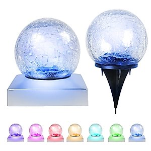 4 Solar Post Cap Lights Outdoor 2-in-1 Landscape Garden Ball Lights Cracked Glass Globe Lights Waterproof 5x5 In-Ground Spike Light for Posts Garden Yard Patio Pathway Deck Decor (Multi-Colors)