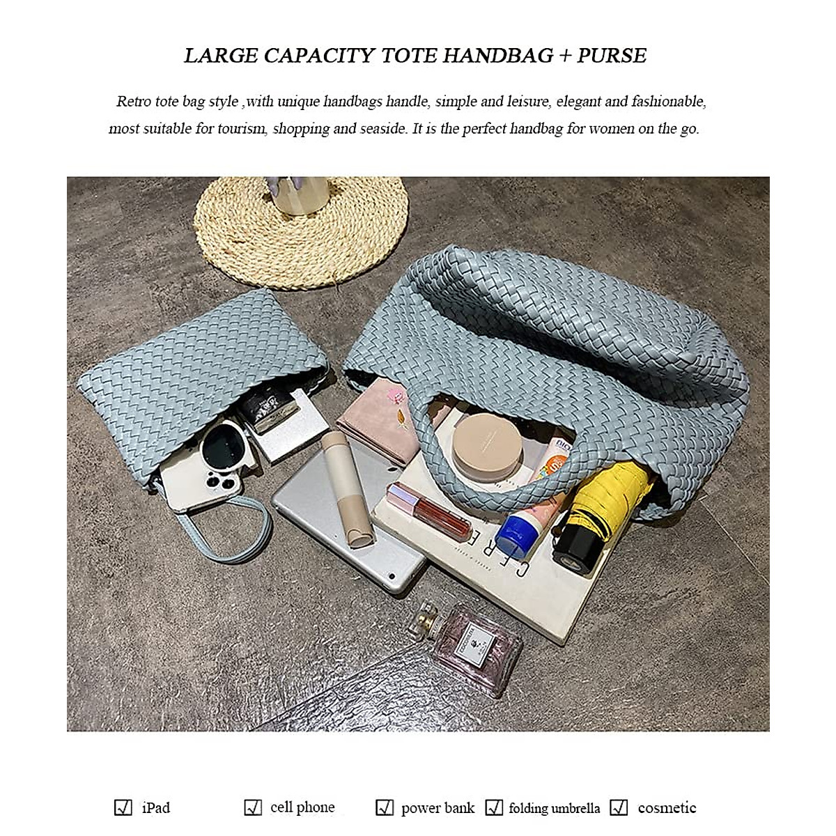 Hereubuy Now Women's Fashion Woven Bag Shopper Hand-Woven Tote Handbags and Purse for Women Ladies Vegan Soft PU Leather Shoulder Bags Large Capacity Underarm (Woven - Light Blue)