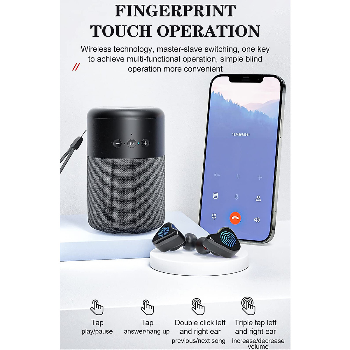 2 in 1 Portable Speakers Bluetooth Wireless Earbuds, 360 Surround Stereo Sound with Microphone, Touch Headset for Home Party Outdoor Travel(Black)