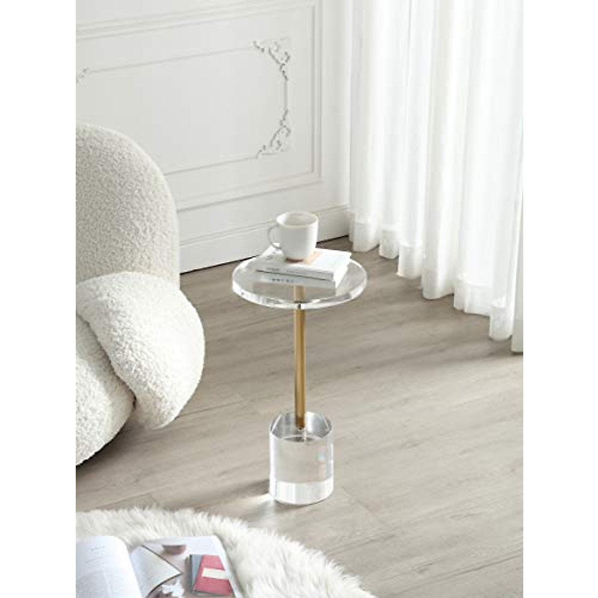 Artmaze Clear Acrylic End Table,Side Table,Brushed Brass Metal,Round,for Office, Living Room and Bedroom,Easy Assembly,12x12 inch，21.3 inch high