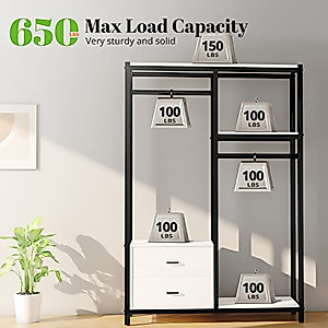 HOKEEPER 650lbs Freestanding Closet Organizer with Drawers and Shelves Heavy Duty Metal Wardrobe Closet Storage Shelves for Hanging Clothes Clothing Garment Rack Closet with Shelves for Bedroom White