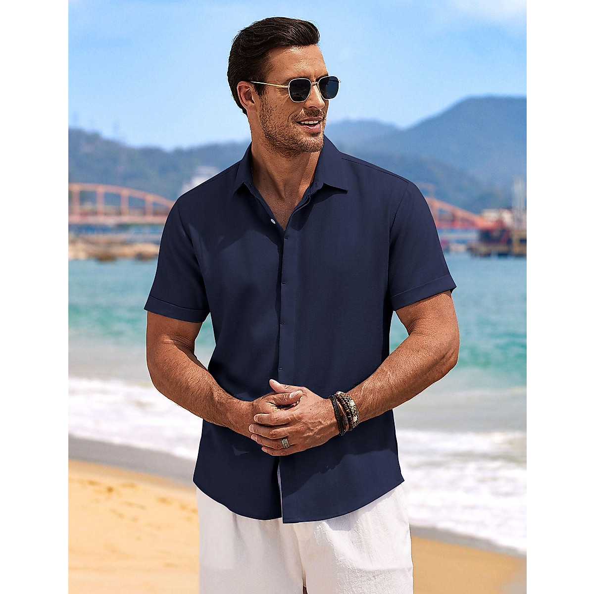 COOFANDY Men's Linen Shirts Short Sleeve Casual Button Down Shirt for Mens Summer Beach Yoga Shirt Navy Blue