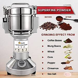 FoundGo Electric Grain Mill 10.6oz/300g Commercial Grain Grinder Stainless Steel Powder Grinding Machine 25,000rpm Pulverizer for Spice/Coffee/Flour/Pepper/Herb Superfine (300g, Standing)