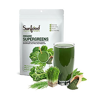 Sunfood Superfoods Super Greens Powder, Organic Green Juice/Smoothie Mix w/Digestive Enzymes & Probiotic for Gut Health, Good Source of Liquid Chlorophyll, Spirulina & Chlorella, 8 oz, 22 Servings