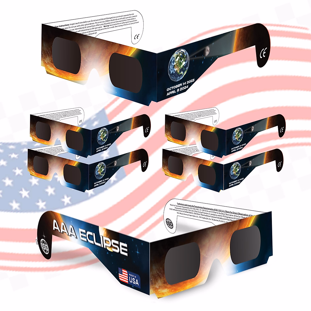 AAA Eclipse (6 PACK Solar Eclipse Glasses AAS Approved 2024 - Made in USA - ISO Certified 12312-2 & CE Certfied Direct Solar Eclipse Viewing Glasses
