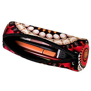 Red Circular Hippie Mandala Pencil Bag Pen Case Stationary Case Pencil Pouch Desk Organizer Makeup Cosmetic Bag for School Office