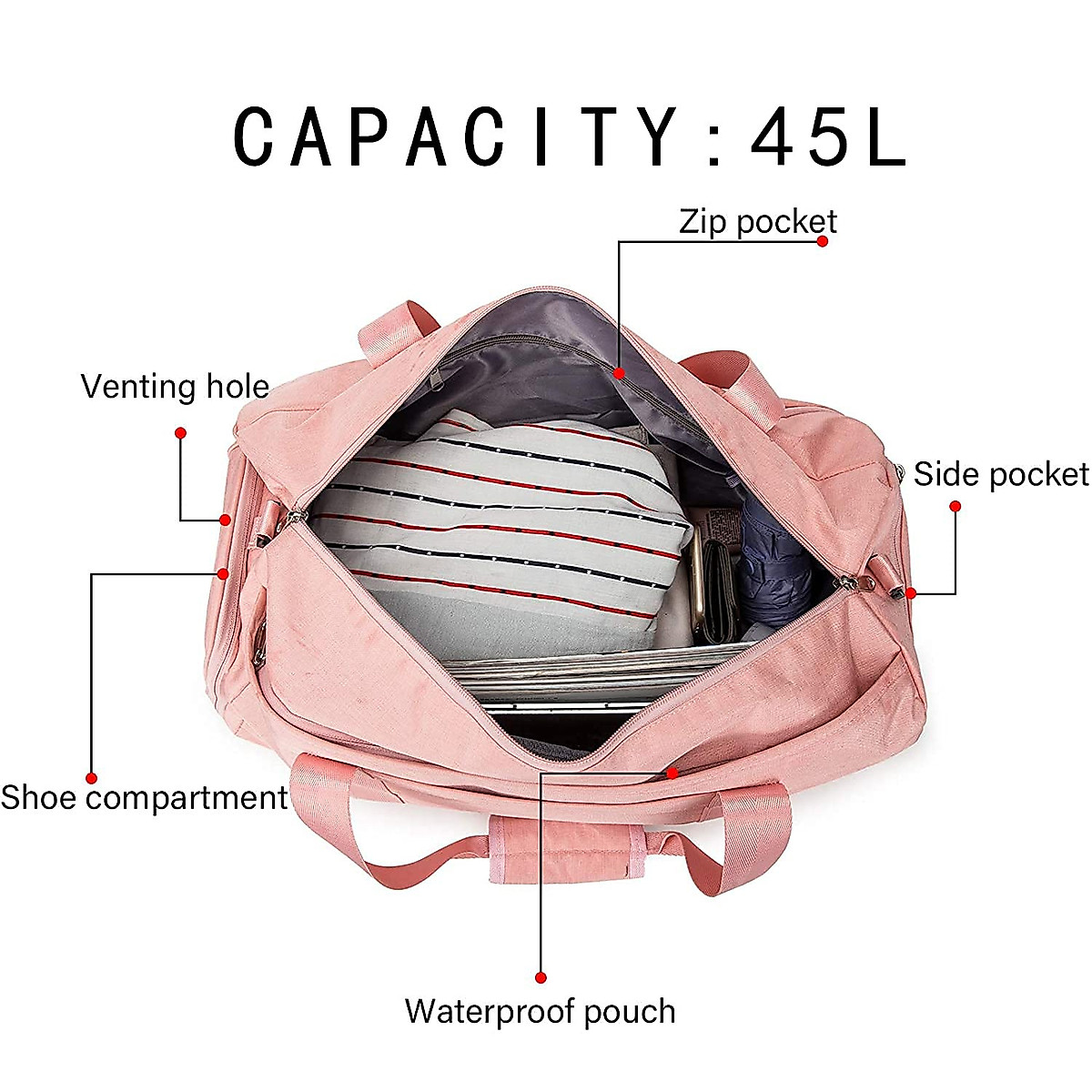 HOKEMP Sports Gym Bag Travel Duffel Weekender Bag Shoe Compartment with Wet Pocket for Men and Women (Pink)