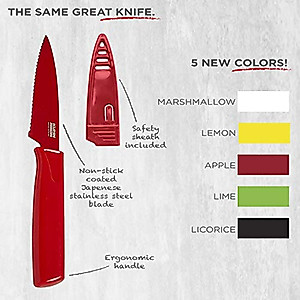 KUHN RIKON COLORI Non-Stick Serrated Paring Knife with Safety Sheath, 4 inch/10.16 cm Blade, Red