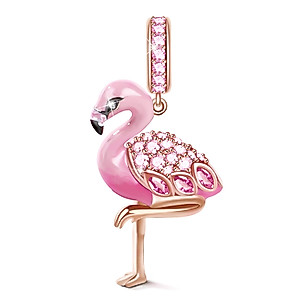 GNOCE Flamingo Dangle Charm 925 Sterling Silver 18K Pink Pendant Charms Bead For Bracelet/Necklace Rose Gold Plated For Women Mother's Day