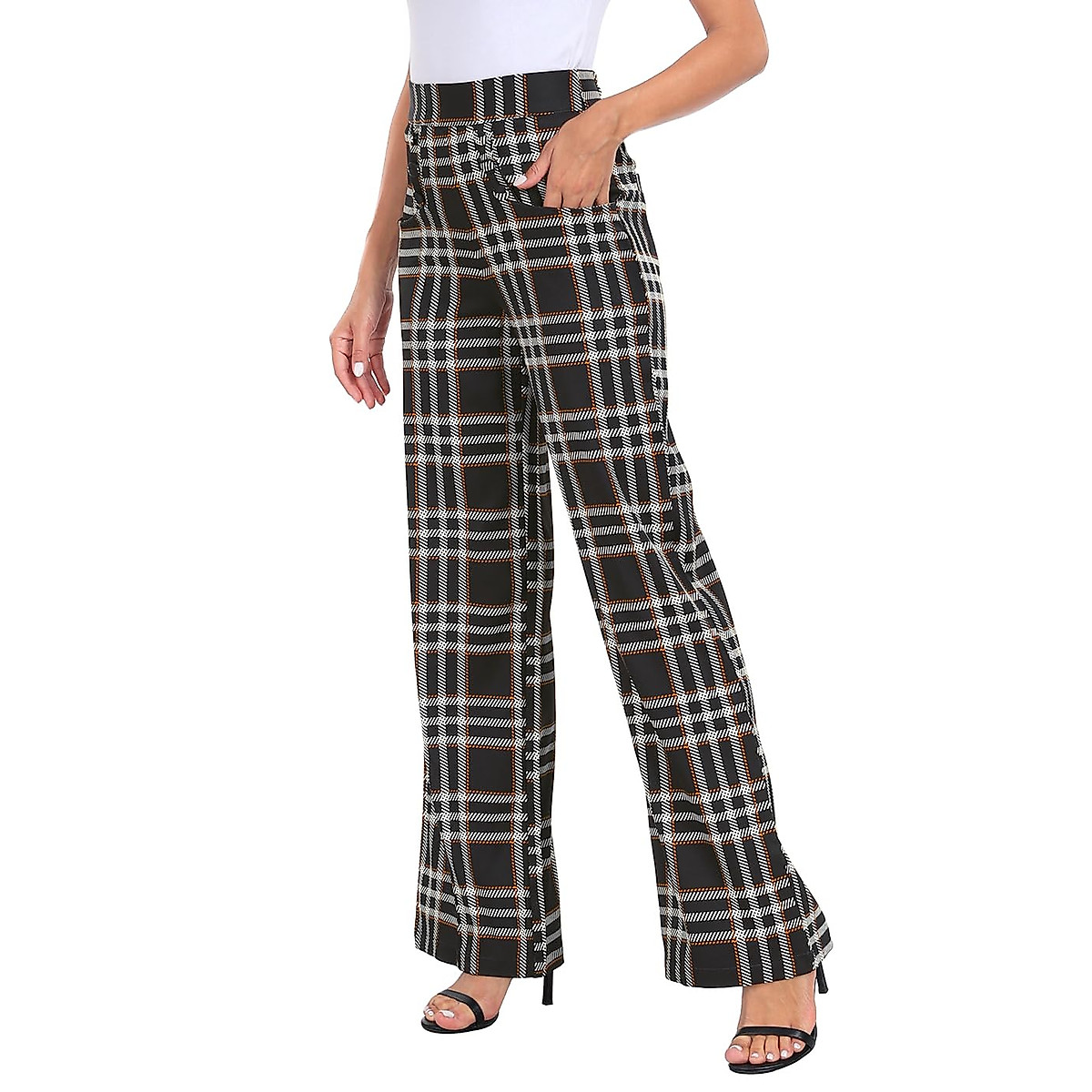 HDE Super High Waisted Wide Leg Pants Tailored Office Work Trousers with Pockets Fall Plaid - XL
