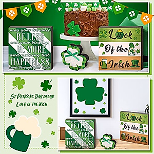 3 Pieces St. Patrick's Day Wood Decors Box Signs Irish Rustic Tabletop Decor Wood Block Plaque Shamrock Tiered Tray Decor May Your Blessings Luck of the Irish for St. Patrick Home Table Decorations