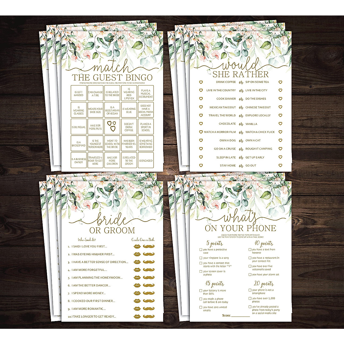All Ewired Up Bridal Shower Bachelorette Games, Floral Watercolor Greenery Sage Gold Blush, He Said She Said, Find The Guest Quest, Would She Rather, What's in Your Phone Game, 25 Games Each…