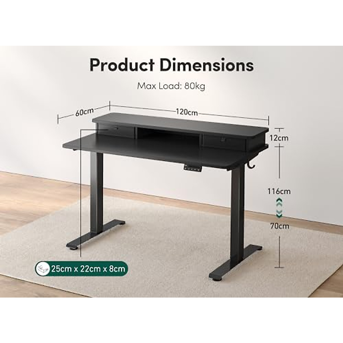 FEZIBO 48 x 24 Inch Height Adjustable Electric Standing Desk with Double Drawer, Stand Up Desk with Storage Shelf, Sit Stand Desk, Light Rustic/Black Frame