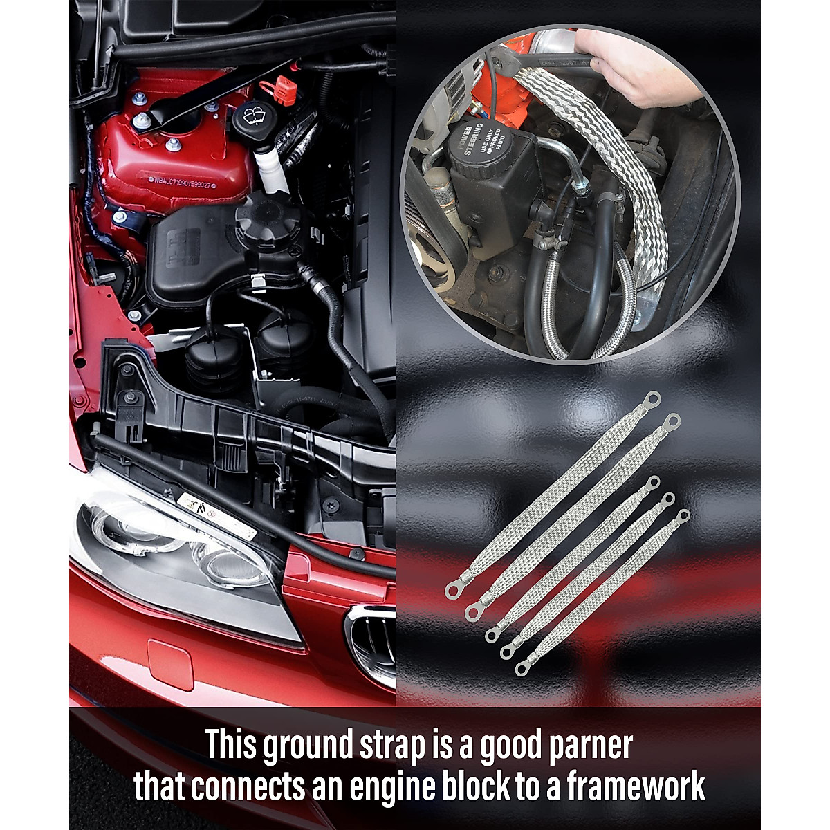 Zlirfy Automotive Ground Strap Kit,Universal Flat Braided Copper Ground Strap,3PCS 10" x 1/2" and 2PCS 13" x 1/2" Car Ground Cable Straps Braided,Automotive Engine Copper Ground Strap