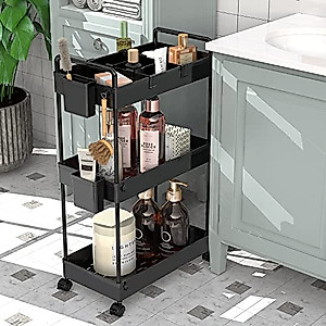 Ronlap Slim Storage Cart, 3 Tier Utility Rolling Cart with Wheels Lash Cart Organizer Small Slide Out Mobile Storage Cart with Hanging Cup Divider for Bathroom Laundry Room Kitchen Narrow Place, Black