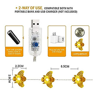 WSgift Honeybee Decorative String Lights, 18.7 Ft 40 LED USB Plug-in Copper Wire Bee Fairy Lights for Various Decoration Projects (Warm White, Remote Control with Timer)