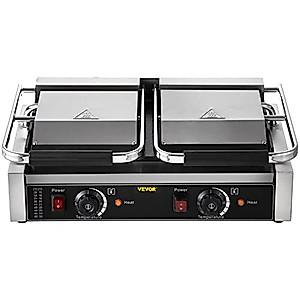 Happybuy Commercial Sandwich Panini Press Grill, 2X1800W Double Flat Plates Electric Stainless Steel Sandwich Maker, Temperature Control 122°F-572°F for Hamburgers Steaks Bacons