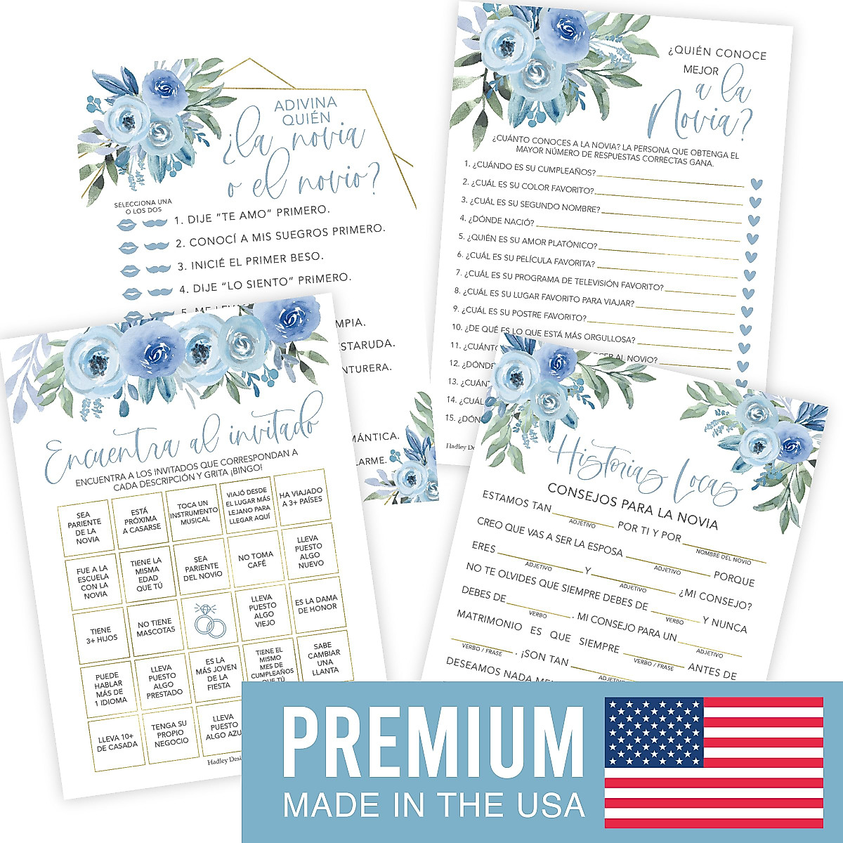 Dusty Blue Spanish Bridal Shower Games 20 Guests - Juegos Para Despedida De Soltera En Español, Wedding Shower Games, Bridal Shower Bingo In Spanish, Popular Bridal Shower Games Spanish Edition