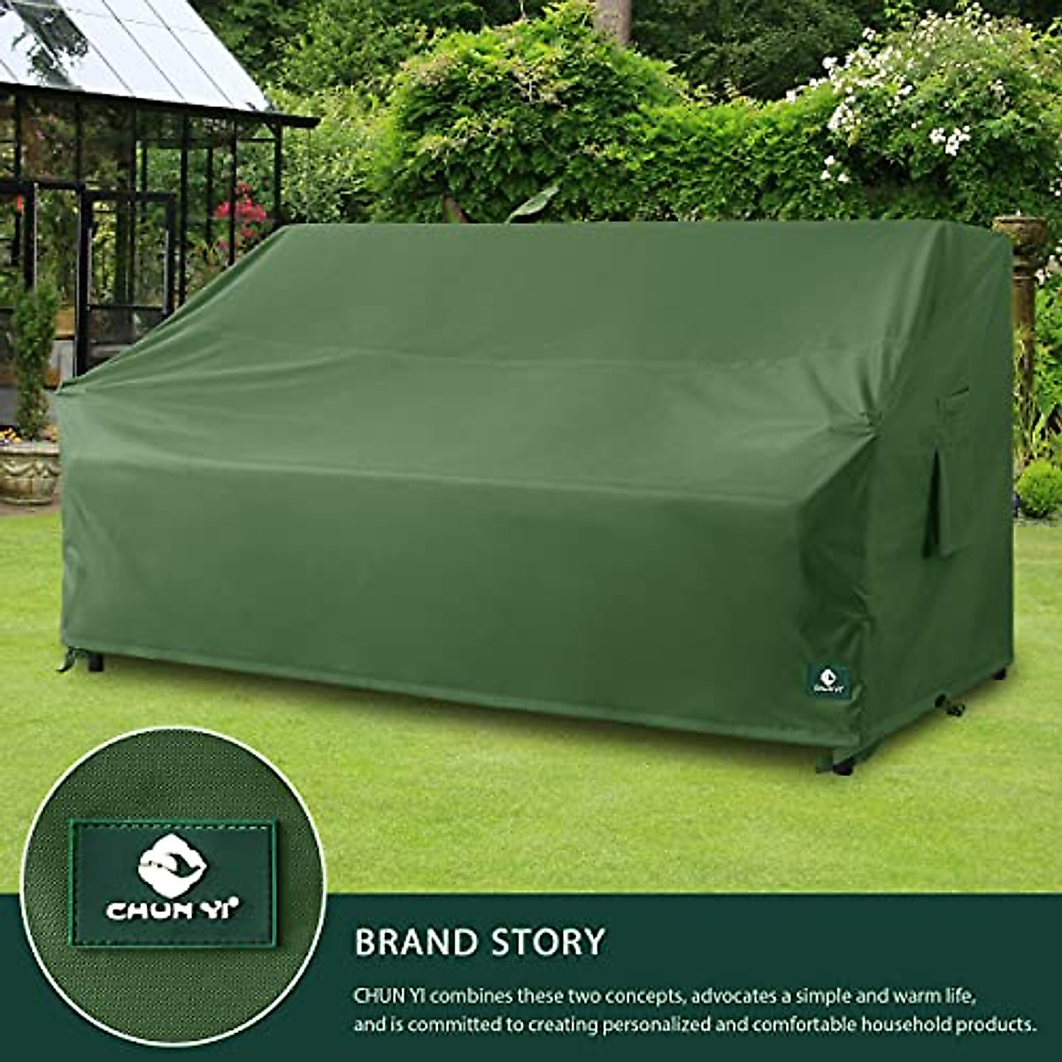 CHUN YI Patio Sofa Cover, Heavy-Duty Patio Bench Cover, UV-Coated Ultra-Durable Outdoor Furniture Sofa Cover for Lawn Garden with Air Vent 3-Seater (64" Wx26 Dx35 H,Green)