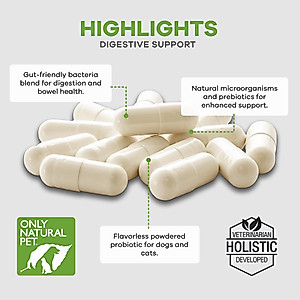 Only Natural Pet Probiotic Dog and Cat Supplement - Digestive & Intestinal Tract Health Enzyme Formula, Puppy & Canine Digestive Support, Best for Stomach Relief & Gas Aid - 90 Capsules.