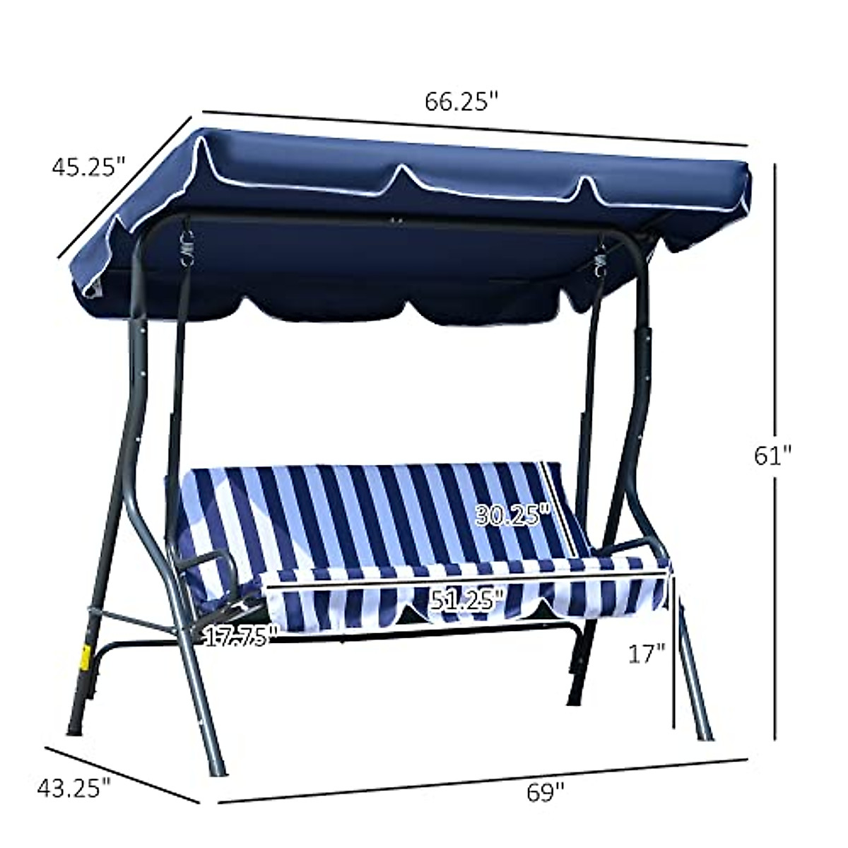 Outsunny 3-Person Porch Swing with Canopy, Patio Swing Chair, Outdoor Canopy Swing Bench with Adjustable Shade, Cushion and Steel Frame, Dark Blue