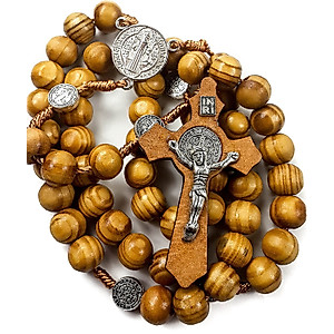 Nazareth Store Wood Beads Rosary Necklace Saint Benedict Medal & Catholic Cross Religious Prayer Chaplet String Handmade - Velvet Bag
