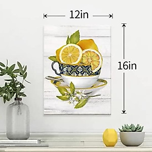 SUMGAR Lemon Wall Art Farmhouse Yellow Kitchen Wall Decor Fruit Summer Paintings Lemon Tea Cup with Flower Pictures Artwork Living Room Dining Room Pantry 12 x 16 in