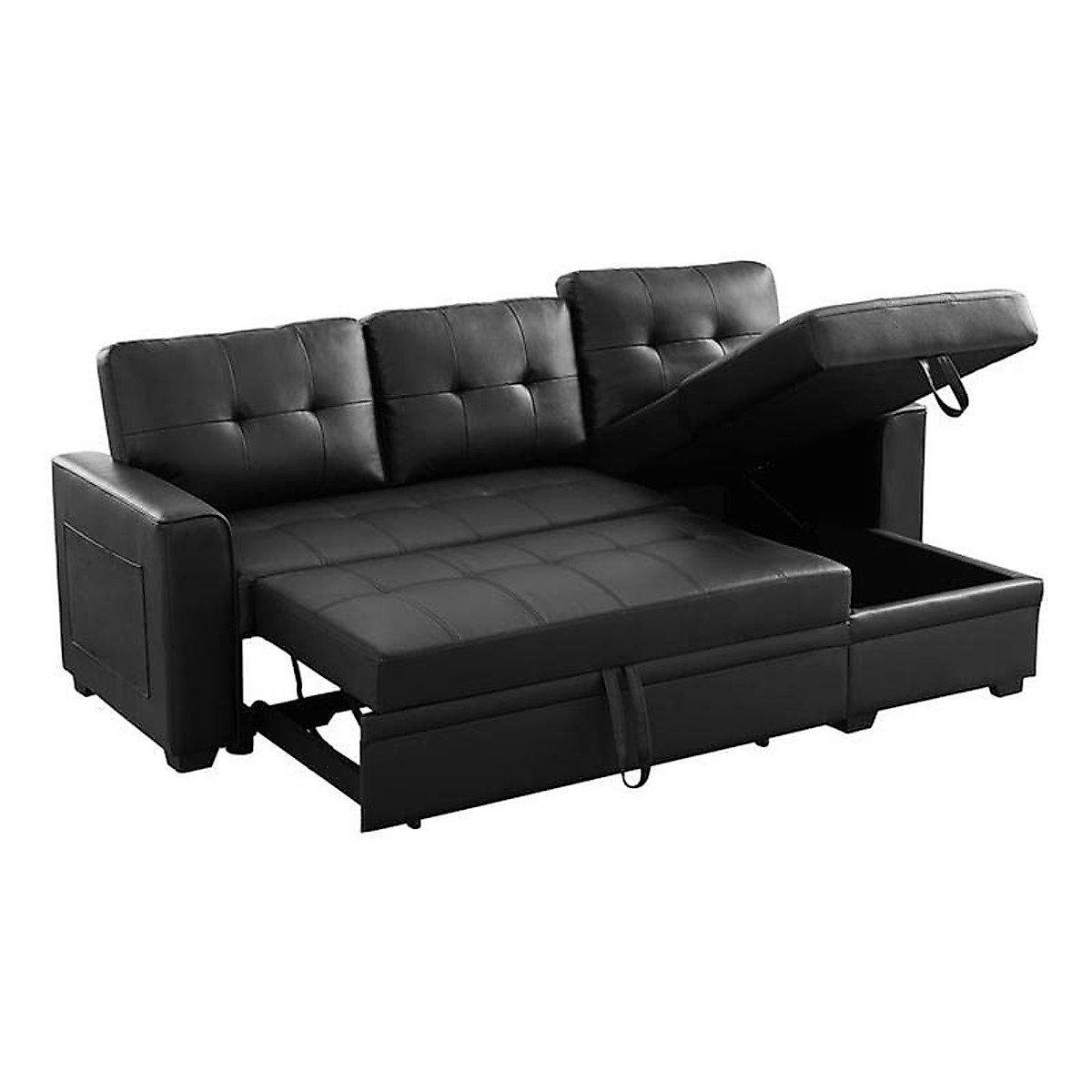 INFINI FURNISHINGS Reversible Faux Leather Pocket Sleeper Sofa in Black