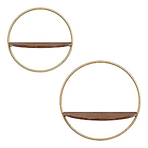 Kate and Laurel Maxfield Mid-Century Wall Shelf, Set of 2, Walnut and Gold, Chic Round Wall Decor for Storage and Display