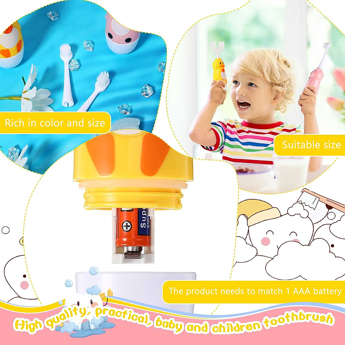 2 Pieces Kids U-Shaped Electric Toothbrush Automatic Toothbrushes Ultrasonic Kids Cartoon Toothbrush 360 Degree Whitening Kids with 3 Types of Brush Head (Yellow and Pink)