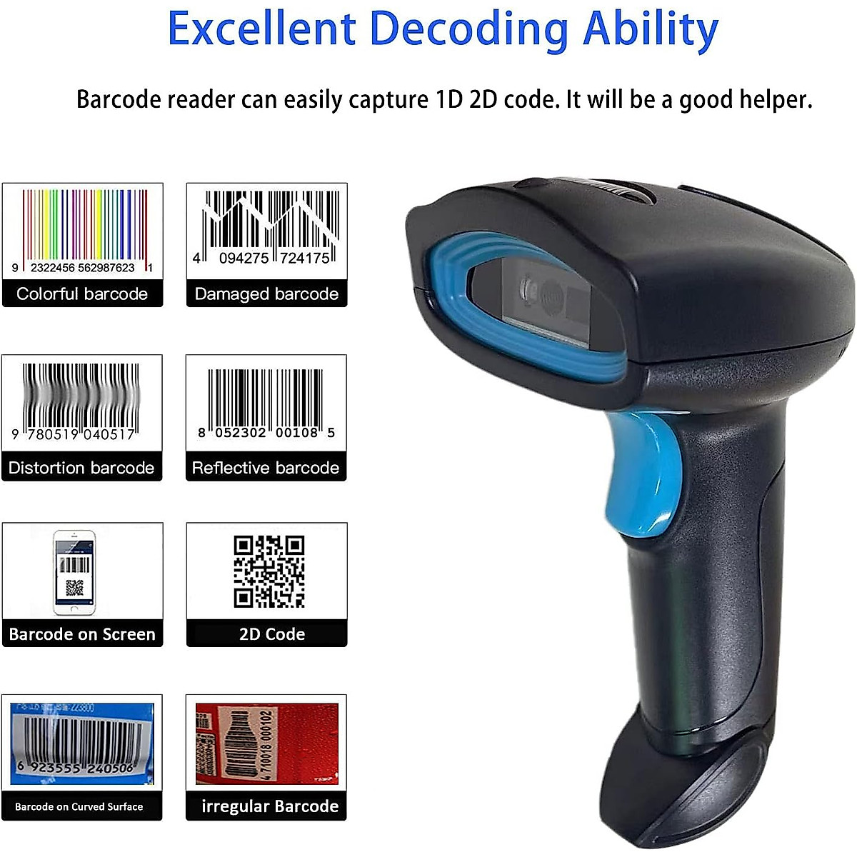 Wireless Bluetooth Barcode Scanner Automatic 2D QR Code Scanner Wireless for POS System, 1D PDF417 Screen Scanning Barcode Reader for Warehouse Inventory,Supermarket,Retail Shop