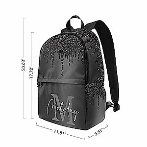 Personalized Casual Daypack School Bag with Name for Students Back School Gift, Custom Black Sparkle Drip Monogram Lunch Box Bag Backpack Shoulder Bag Book Bag Travel Knapsack for Men Women Hiking