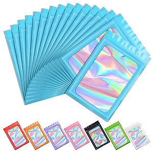 Funfery 100 pcs Blue Smell Proof Mylar Holographic Bags Packaging Bags,Clear Resealable Odor Proof Bags Foil Pouch Bags for Food Storage,Lipgloss,Jewelry,Eyelash Packaging for Small Business(3x4.7In)