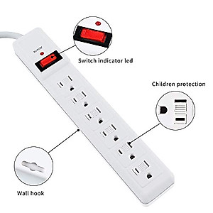 Firmyuan Power Strip 6-Outlet Surge Protector, 10ft, White