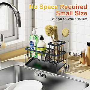 Juseisin Kitchen Sink Caddy Organizer, Upgrade Faucet Sponge Rack for Sinks, Bottle Brush Holder and Organizers Storage with Dish Soap, Auto Draining Tray, Rustproof Adjustable Organizadores