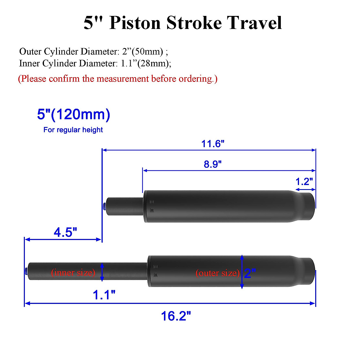 AAGUT 5'' Stroke Office Chair Gas Lift Cylinder Replacement,Pneumatic Shock Heavy Duty (450 lbs) Office Chair Parts & Universal Size, Class 4 Hydraulic Piston, Black