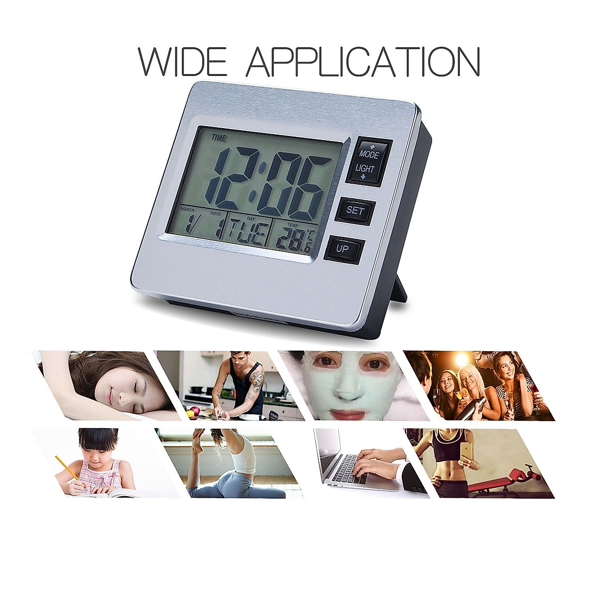 Digital Desk Clock Refrigerator Hood Kitchen Timer 12/24 Hour Alarm Date Week Indoor Thermometer LCD Backlight Clock Battery Operated Mute Hang on Wall Clock Table Room Office Senior
