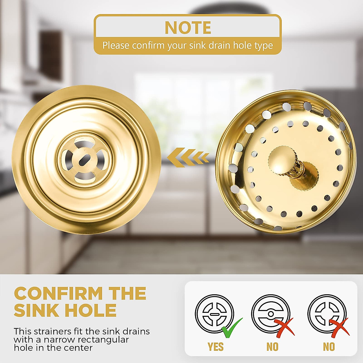 3 Pieces Kitchen Sink Stopper Strainer Garbage Disposal Plug, Stainless Steel Universal Anti-Clogging Filter, Sieve Basket Strainer, Wide Rim for Drain (Light Gold)