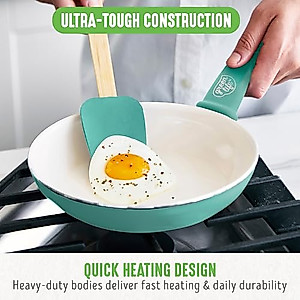 GreenLife Soft Grip 8” Frypan Skillet and Spatula Breakfast Cookware Set, PFAS-Free Ceramic Nonstick, Silicon Spatula with Bamboo Handle, Egg Omelette, Dishwasher Safe, Stay-Cool Handles, Turquoise
