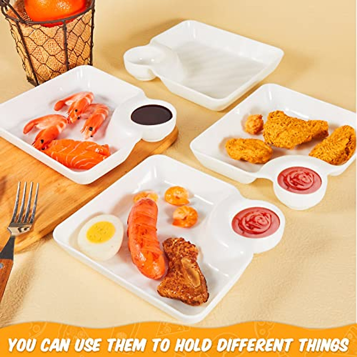Mumufy 8 Pcs Chip and Dip Serving Set Serving Dishes Plastic Serving Platter Dumpling Plate with Sauce Compartment Japanese Plates Small Dip Tray for Sushi Taco Salsa Snack Food (White)