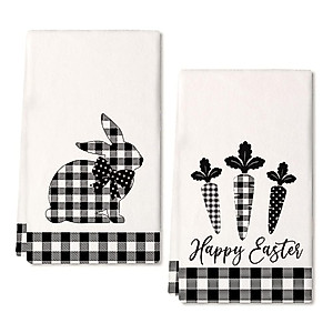 ARKENY Easter Kitchen Towels for Easter Decor Black Buffalo Plaid Check Bunny Dish Towels 18x26 Inch Bar Drying Cloth Carrot Hand Towel for Kitchen Bathroom Party Easter Decorations Set of 2