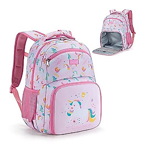 mommore 2-in-1 Kids Backpack, Insulated Lunch Compartment Unicorn Toddler Backpack Kindergarten Preschool Bookbag for Girls, Lightweight Daycare Backpack with Chest Strap, Pink
