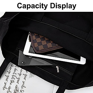 Pshet 1|2 Pack 21'' Canvas Tote Bag Zipper Cotton Bag with Inner Pocket Reusable Grocery Shopping Bag 12oz Cloth Bag DIY Gift,black,pack of 1