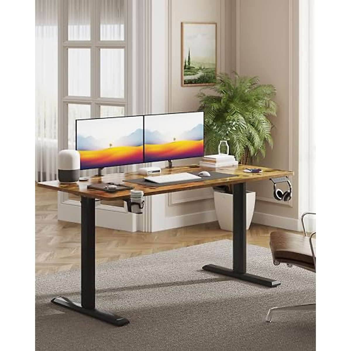 Shahoo Electric Standing Desk, 55 x 24 Inches Height Adjustable Corner Table, Computer Workstation with Cup Holder and Hook for Home Office, Rustic Brown