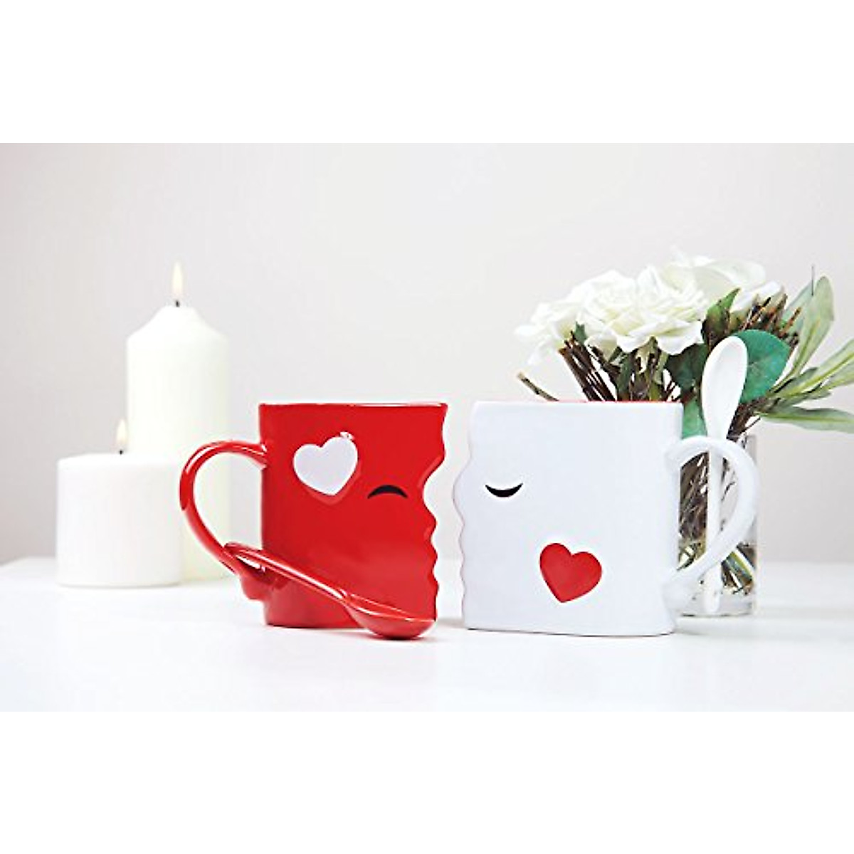 Blu Devil Kissing Mugs Set, Anniversary & Wedding Gifts, Exquisitely Crafted Two Large Cups & Spoons for Couples, for Him and Her on Valentines, Birthday, Engagement