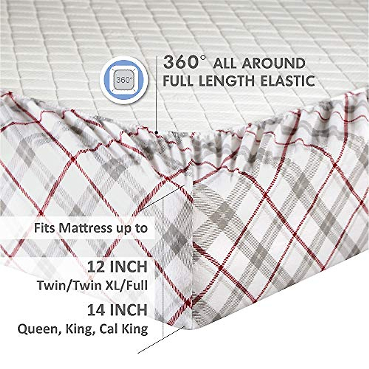 Comfort Spaces Cotton Flannel Breathable Warm Deep Pocket Sheets with Pillow Case Bedding, Cal King, Grey/Red Plaid 4 Piece
