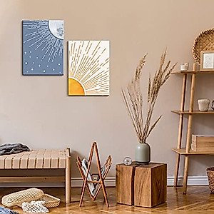 Creoate Boho Wall Decor Art 2 Pieces Sun and Moon Picture Canvas Print Framed Set Artwork for Minimalist Home Decor, Modern Boho Wall Art, 12x16 Inch x2pcs